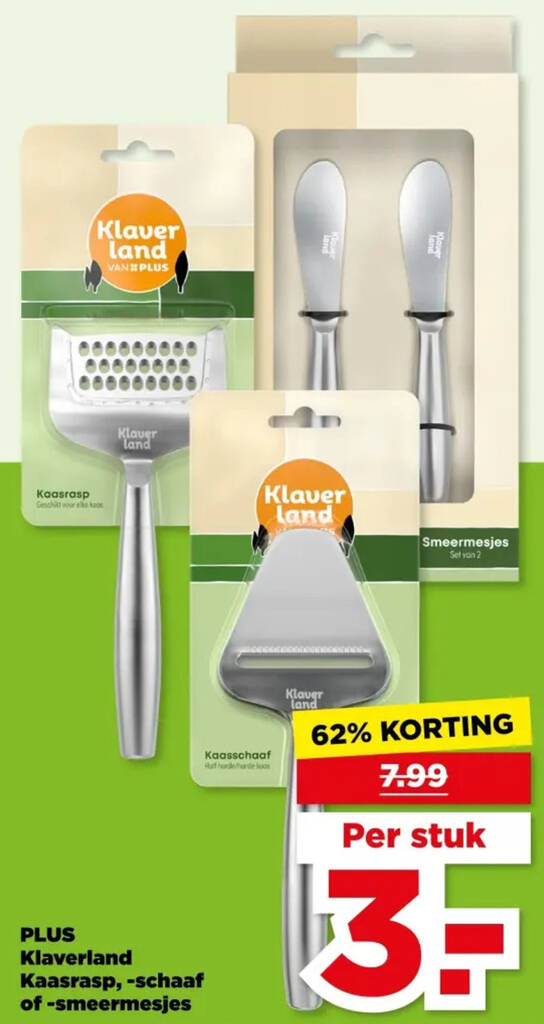 PLUS Klaverland Kaasrasp, schaaf of smeermesjes aanbieding bij PLUS