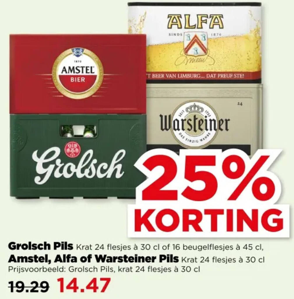 Grolsch Pils, Amstel, Alfa of Warsteiner Pils 30 cl aanbieding bij PLUS