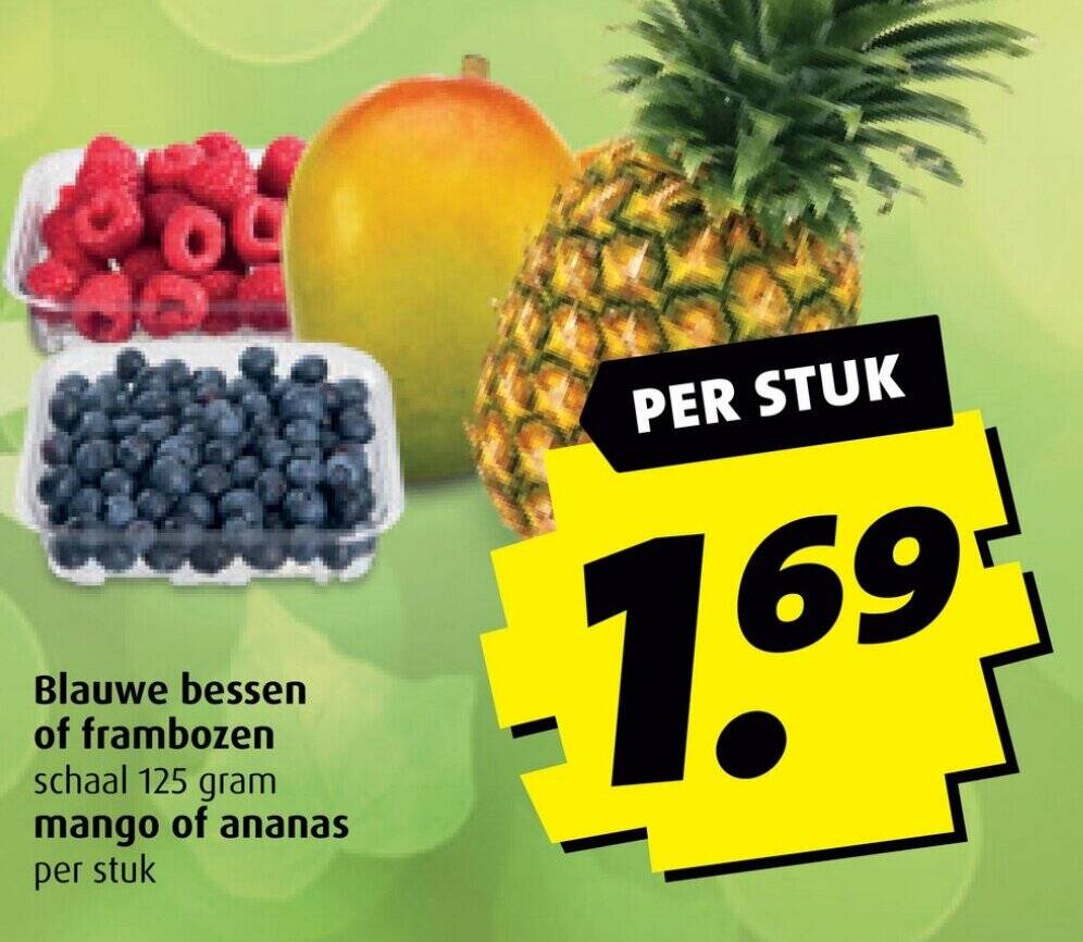 Blauwe bessen of frambozen mango of ananas 125 g aanbieding bij Boni