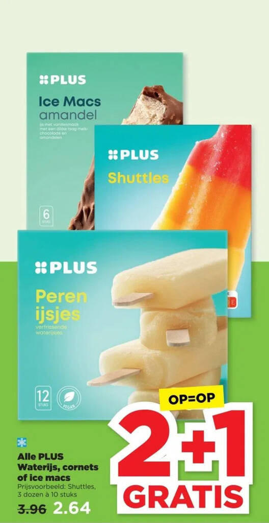 Alle PLUS Waterijs, cornets of ice macs 2+1 gratis aanbieding bij PLUS