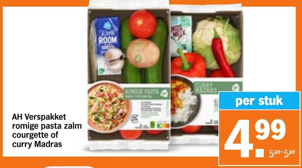 AH Verspakket romige pasta zalm courgette of curry Madras aanbieding ...