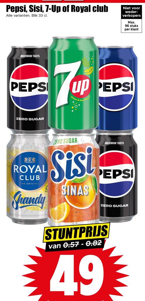 Pepsi, Sisi, 7-Up of Royal club 33 cl aanbieding bij Dirk