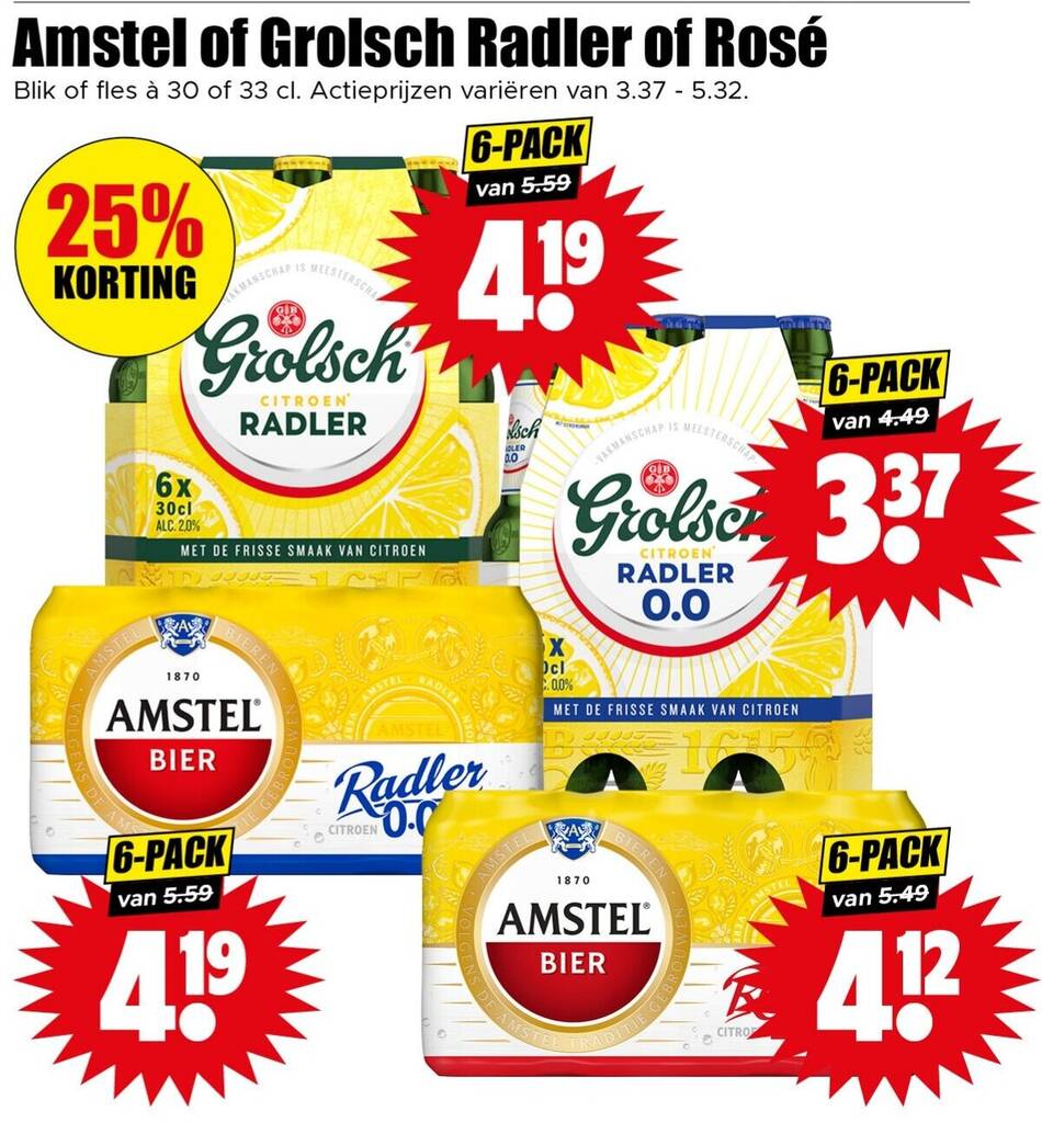 Amstel of Grolsch Radler of Rosé 30-33 cl aanbieding bij Dirk