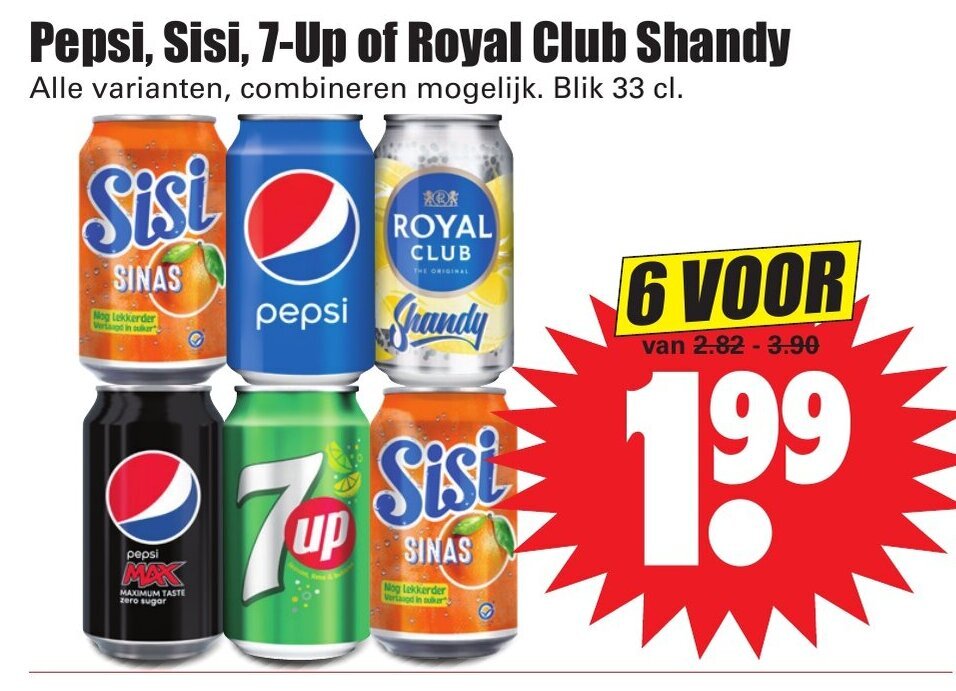 Pepsi, Sisi, 7Up of Royal Club Shandy 6*330ml aanbieding bij Dirk
