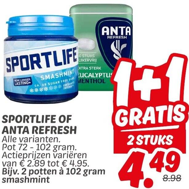 Sportlife of anta refresh 72 - 102 g 1+1 gratis aanbieding bij Dekamarkt