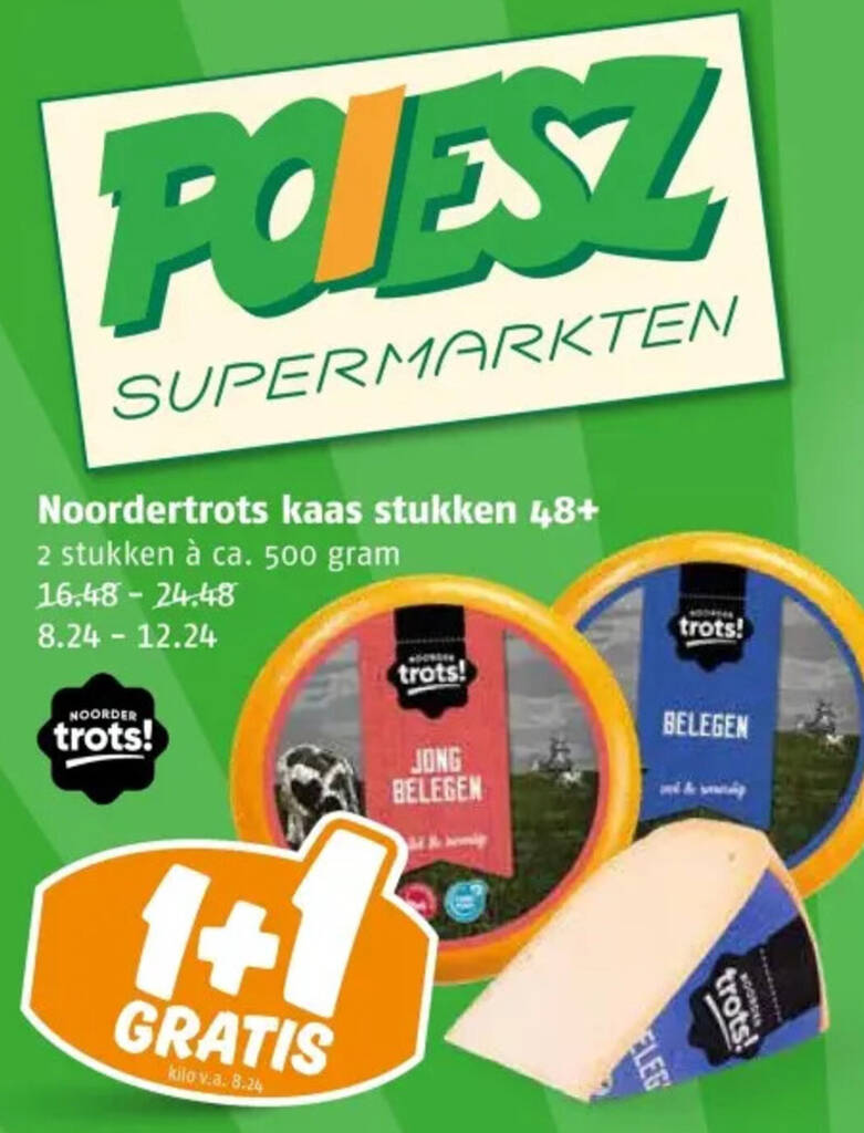Noordertrots kaas stukken 48+ 500 g 1+1 GRATIS aanbieding bij Poiesz