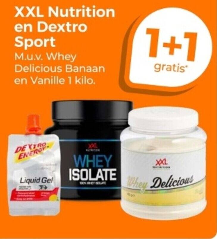 XXL Nutrition en Dextro Sport 1+1 gratis aanbieding bij Trekpleister