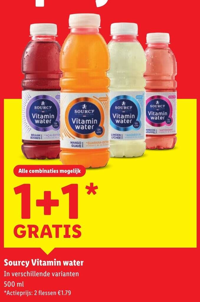 Sourcy Vitamin water 500 ml 1+1 GRATIS aanbieding bij Lidl