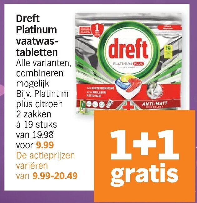 Dreft platinum vaatwas-tabletten aanbieding bij Albert Heijn