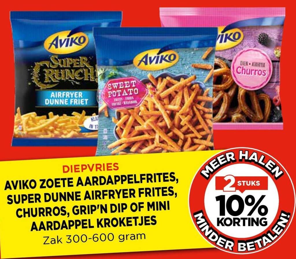 Aviko zoete aardappelfrites, super dunne airfryer frites, churros, grip ...