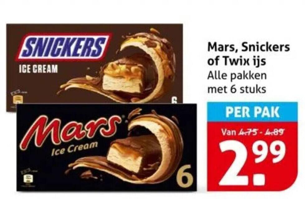 Mars, Snickers of Twix ijs aanbieding bij Hoogvliet