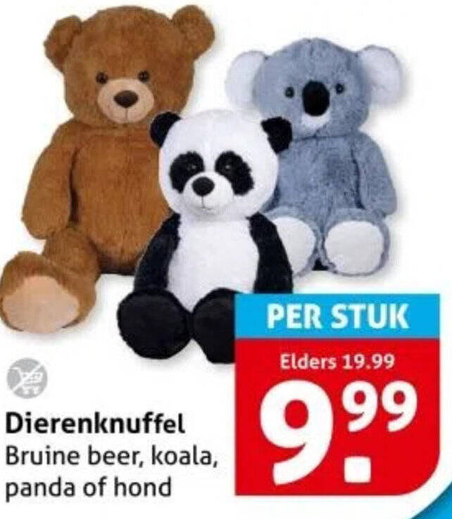 Dierenknuffel Bruine beer, koala, panda of hond aanbieding bij Hoogvliet