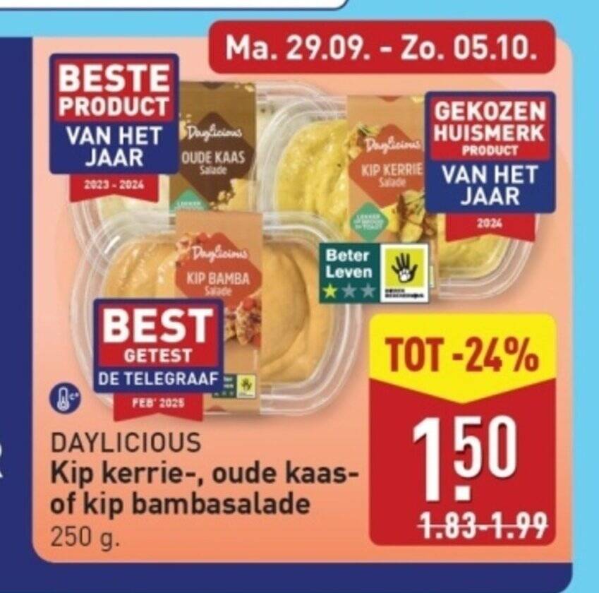 Daylicious Kip kerrie, oude kaas of kip bambasalade 250 g aanbieding ...