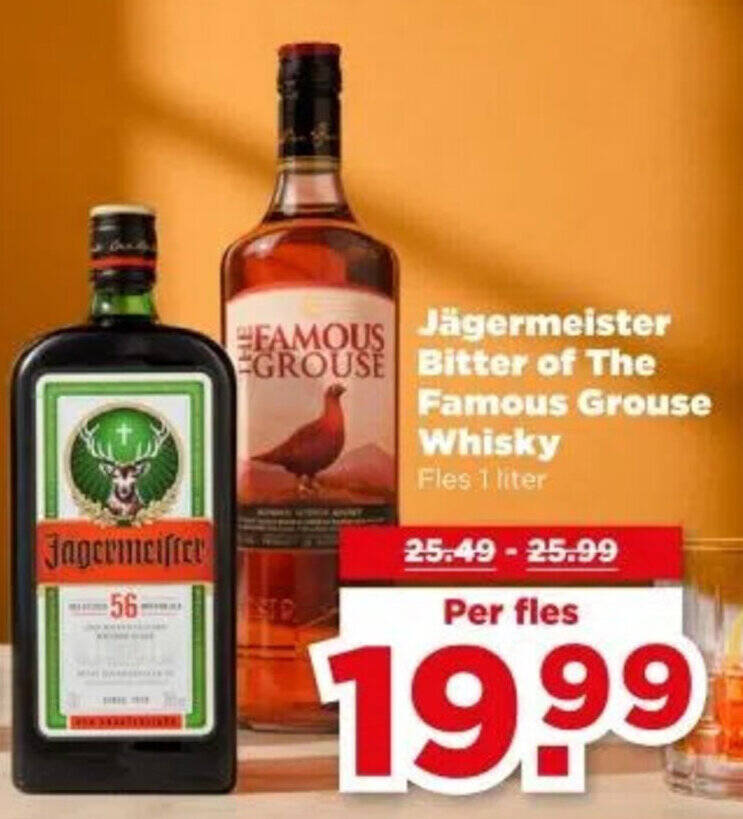 Jagermeister Famous Grouse Whisky Bitter of The 1 liter aanbieding bij PLUS