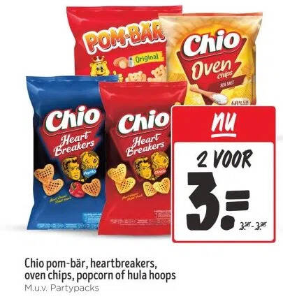 Chio pom-bär, heartbreakers, oven chips, popcorn of hula hoops ...