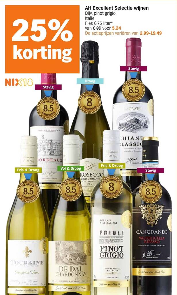 AH Excellent Selectie wijnen 0.75 liter aanbieding bij Albert Heijn