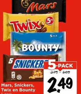 Mars, Snickers, Twix en Bounty aanbieding bij Vomar Voordeelmarkt