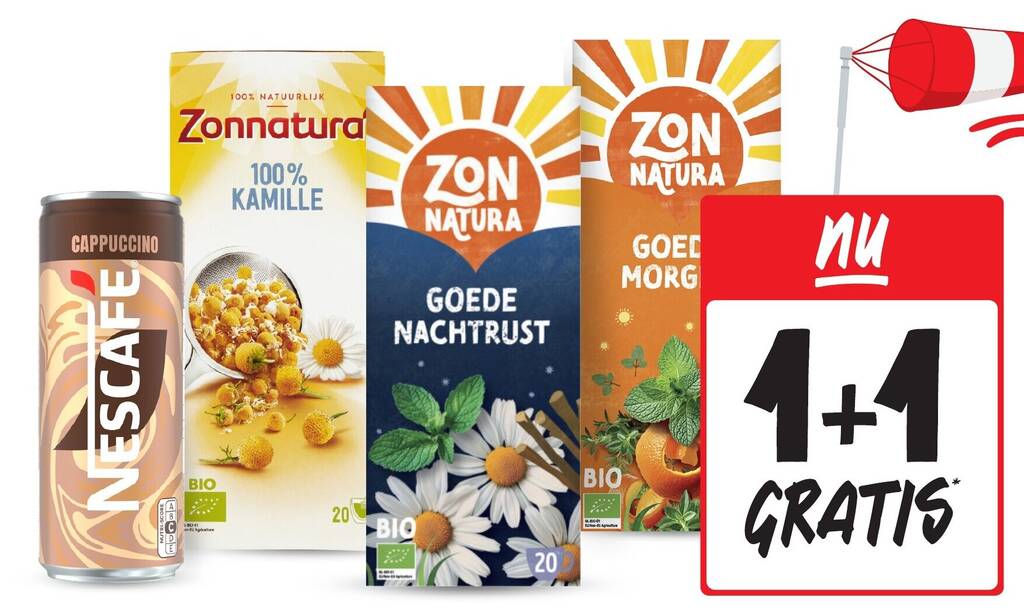 Zonnatura thee of Nescafé ijskoffie blikjes 1+1 gratis aanbieding bij Jumbo