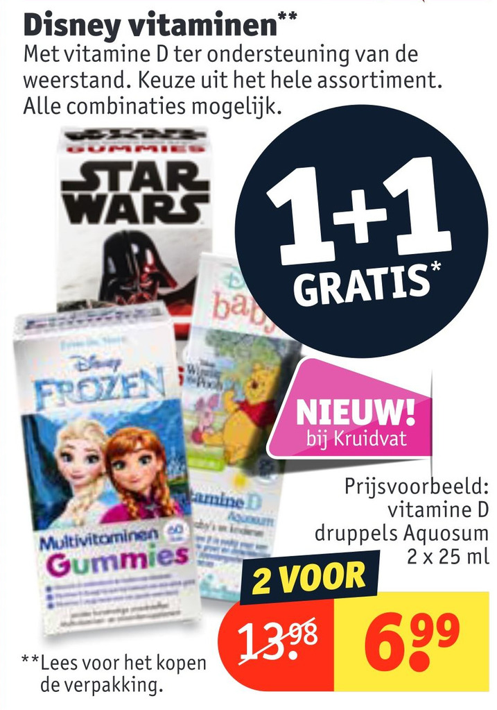 Disney vitaminen 1+1 gratis aanbieding bij Kruidvat