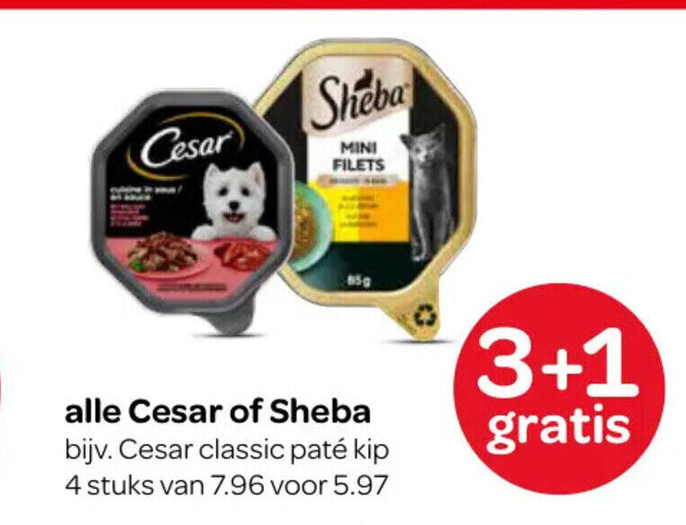 alle Cesar of Sheba 3 + 1 gratis aanbieding bij Spar