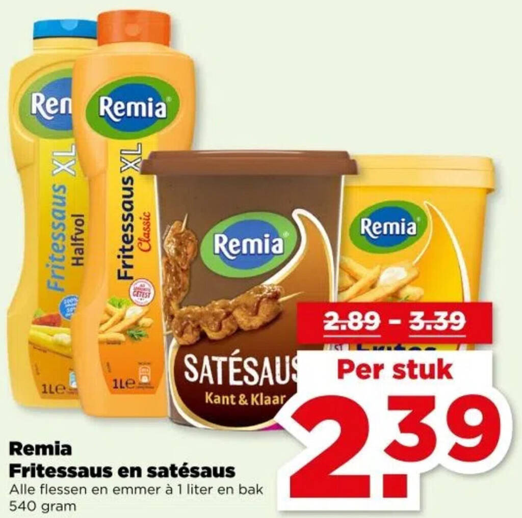 Remia Fritessaus en satésaus 1 liter / 540 g aanbieding bij PLUS