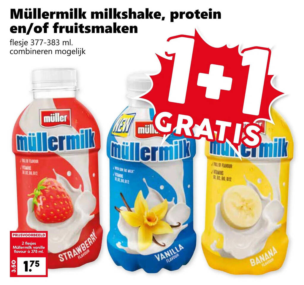 Müllermilk milkshake, protein en/of fruitsmaken 377-383 ml 1 + 1gratis ...