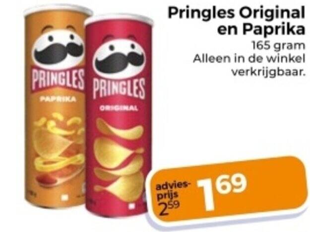 Pringles Original en Paprika 165 g aanbieding bij Trekpleister