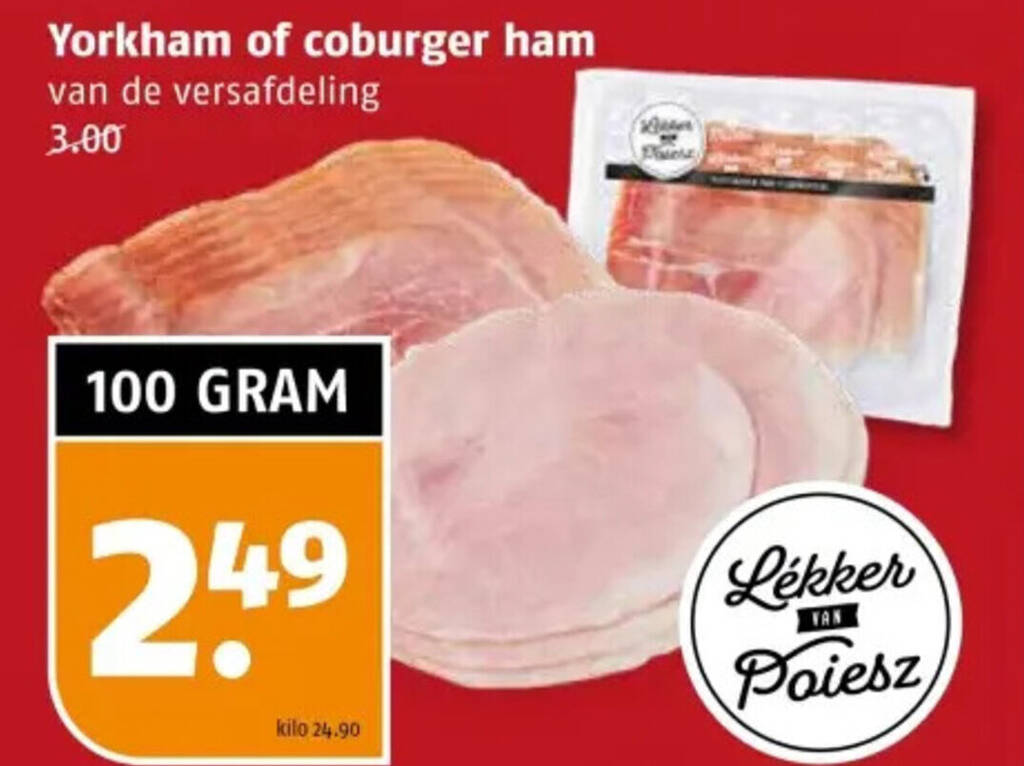 Yorkham of coburger ham 100 g aanbieding bij Poiesz