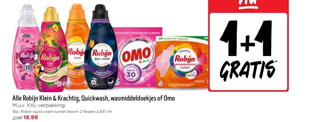 Alle Robijn Klein & Krachtig, Quickwash, wasmiddeldoekjes of Omo 1674 ml 1+1 GRATIS aanbieding ...