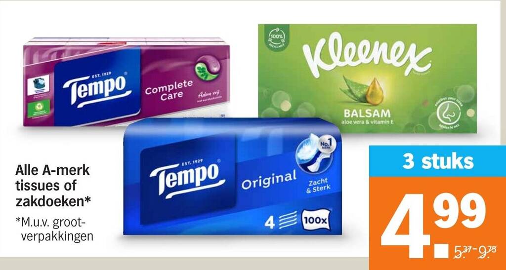 Alle A-merk tissues of zakdoeken aanbieding bij Albert Heijn
