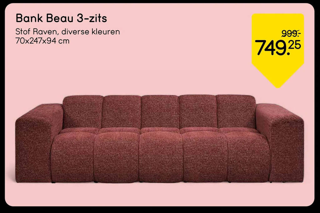 Bank Beau 3-zits 70 x 247 x 94 cm aanbieding bij Leen Bakker Geldig van ...