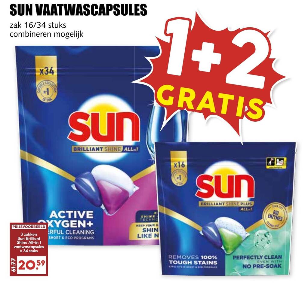 Sun vaatwascapsules 1+2 GRATIS aanbieding bij De Boerenschuur