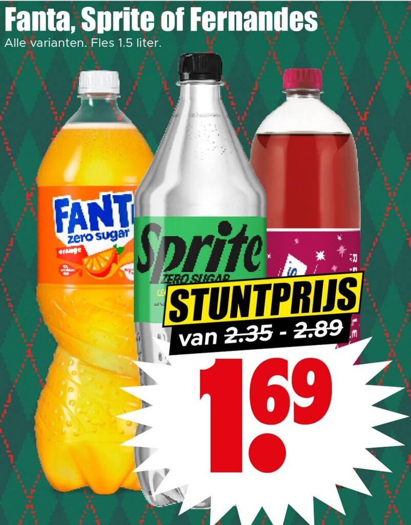 Fanta, Sprite of Fernandes 1,5 l aanbieding bij Dirk