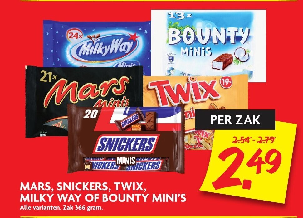 Mars, snickers, twix, milky way of bounty mini's alle varianten zak 366 ...