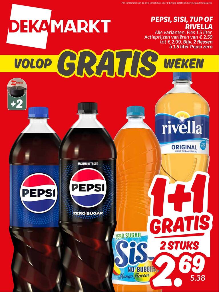 Pepsi, sisi, 7up of rivella 1+1 GRATIS aanbieding bij Dekamarkt