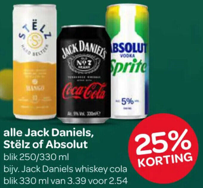 Alle Jack Daniels, Stëlz of Absolut 330 ml aanbieding bij Spar