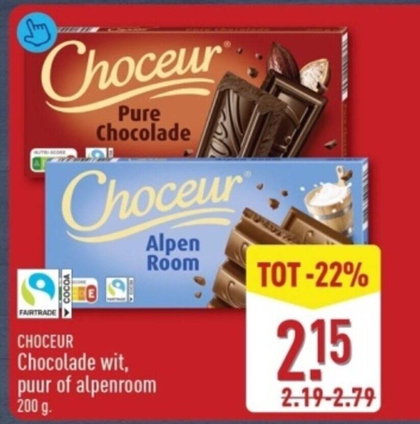Choceur Chocolade wit, puur of alpenroom 200 g aanbieding bij ALDI