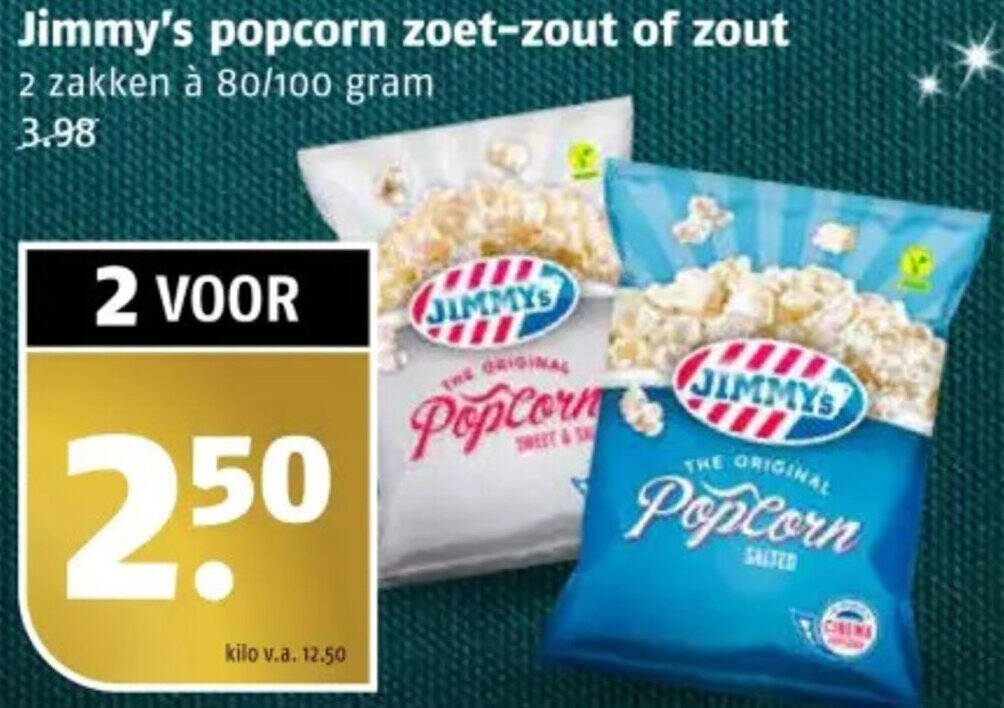 Jimmy's popcorn zoet-zout of zout 80 - 100 g aanbieding bij Poiesz