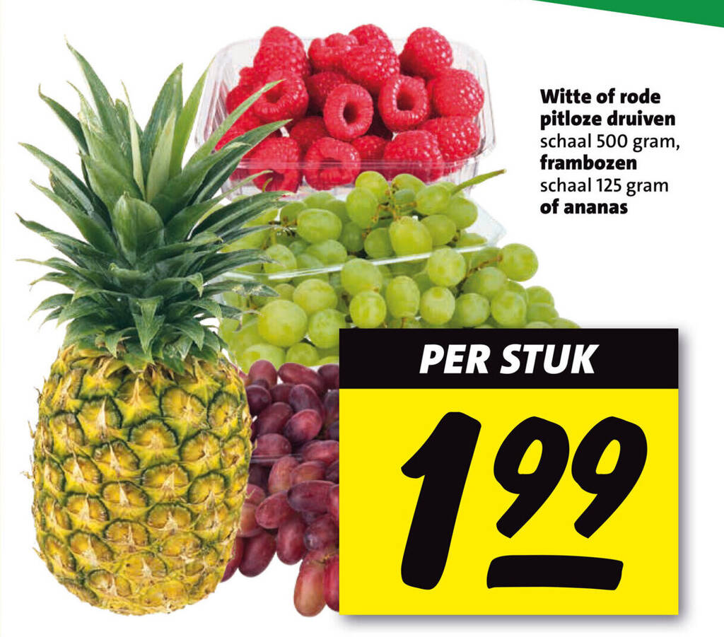 Witte of Rode Pitloze Druiven, Frambozen of Ananas aanbieding bij Boni