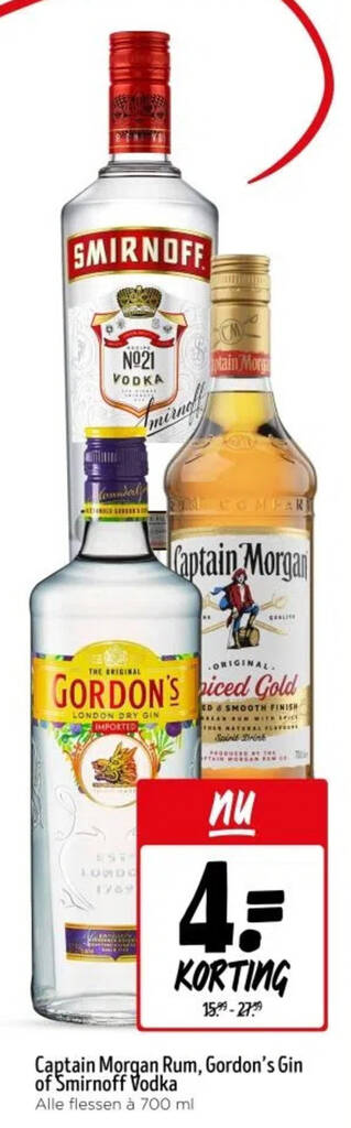 Captain Morgan Rum, Gordon's Gin of Smirnoff Vodka 700 ml aanbieding ...