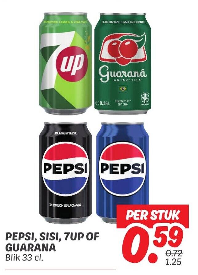 Pepsi sisi 7up of guarana 33 cl aanbieding bij Dekamarkt