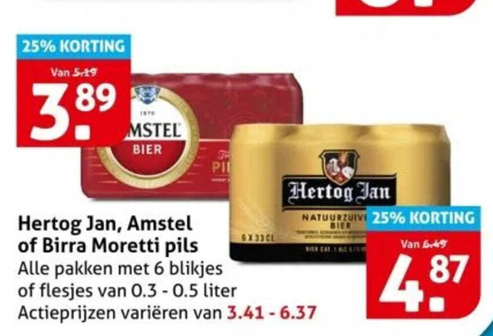 Hertog Jan, Amstel of Birra Moretti pils 0.3 - 0.5 l aanbieding bij ...