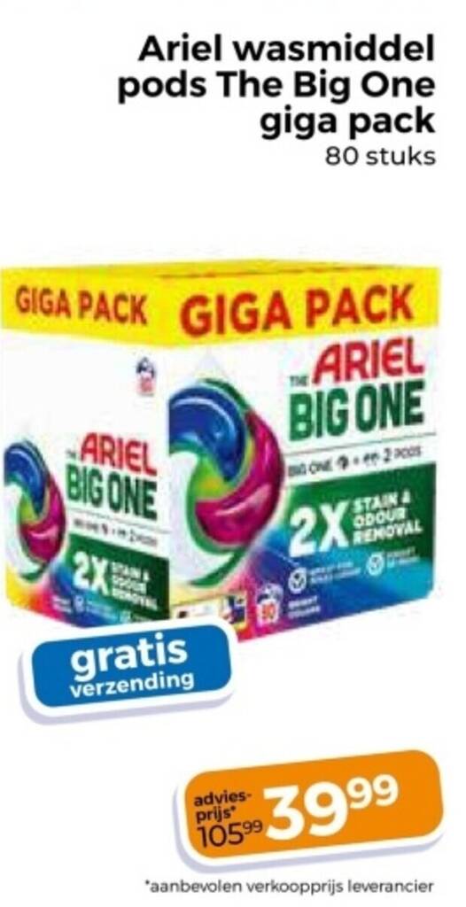 Ariel wasmiddel pods The Big One giga pack aanbieding bij Trekpleister