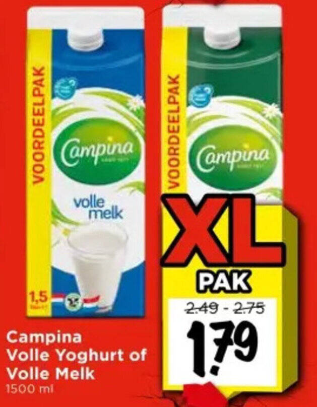 Campina Volle Yoghurt of Volle Melk 1500 ml aanbieding bij Vomar ...