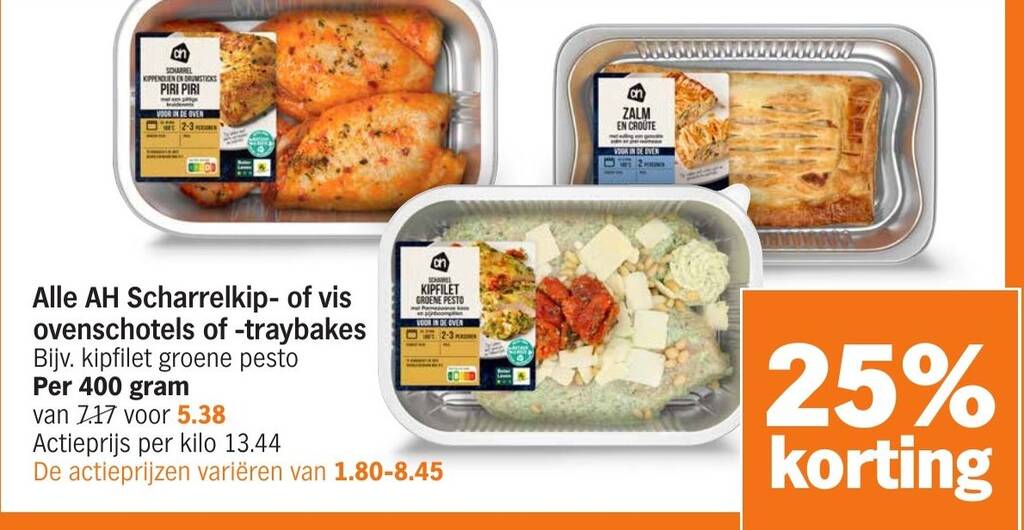 Alle AH Scharrelkip of vis ovenschotels of traybakes 400 g aanbieding ...