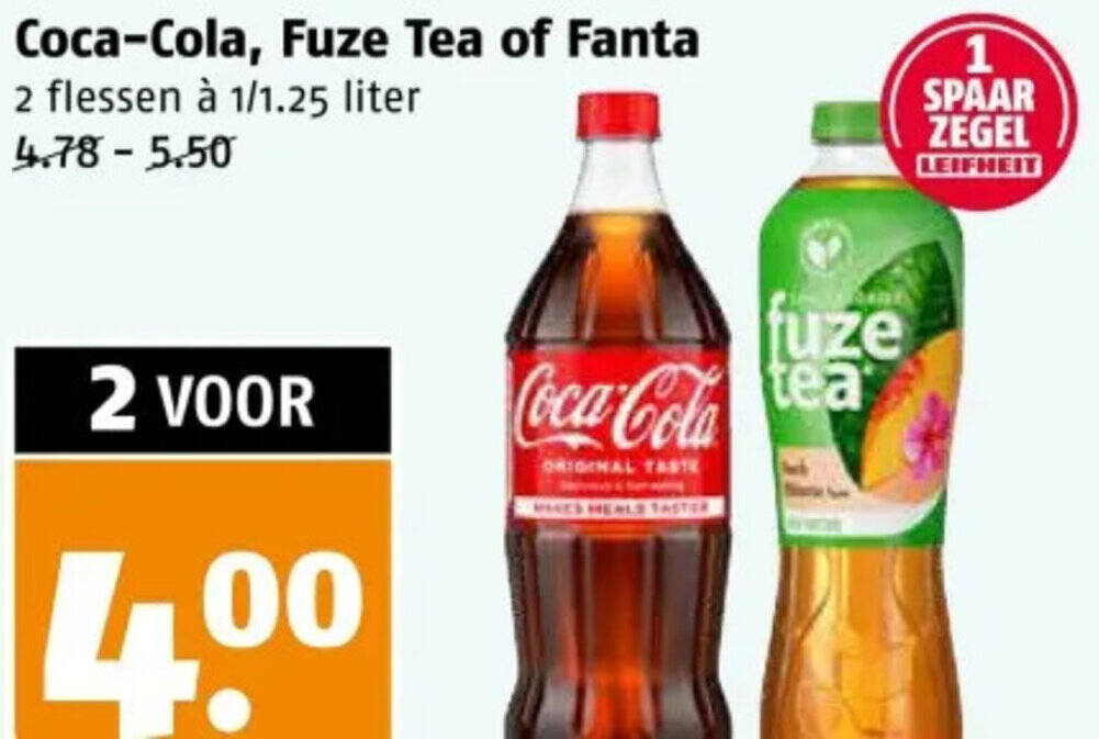 Coca-Cola, Fuze Tea of Fanta 2 x 1 / 1.25 liter aanbieding bij Poiesz