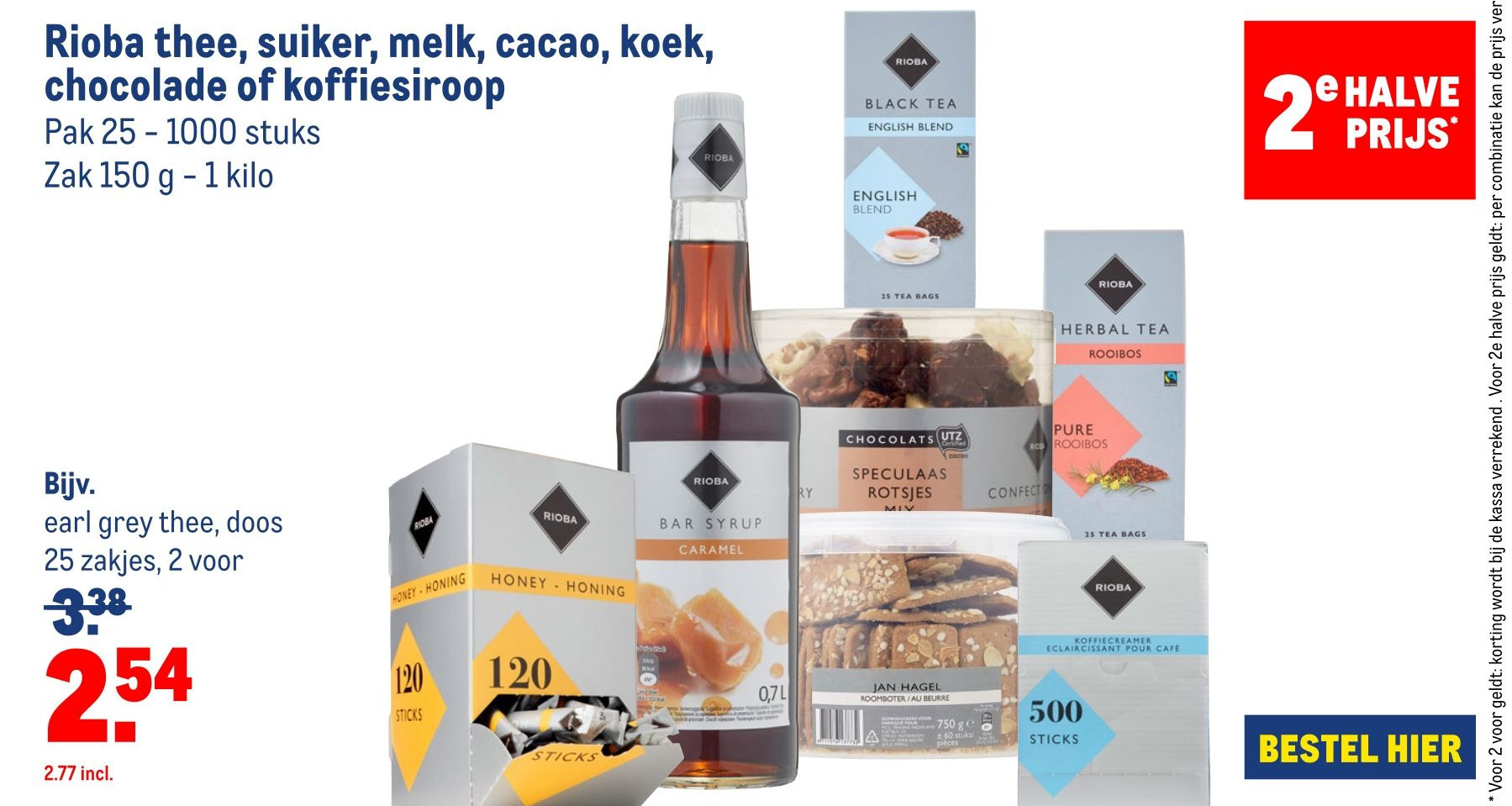 Rioba thee, suiker, melk, cacao, koek, chocolade of koffiesiroop ...