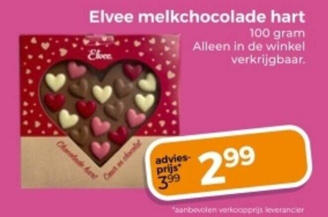 Elvee melkchocolade hart 100 gram aanbieding bij Trekpleister
