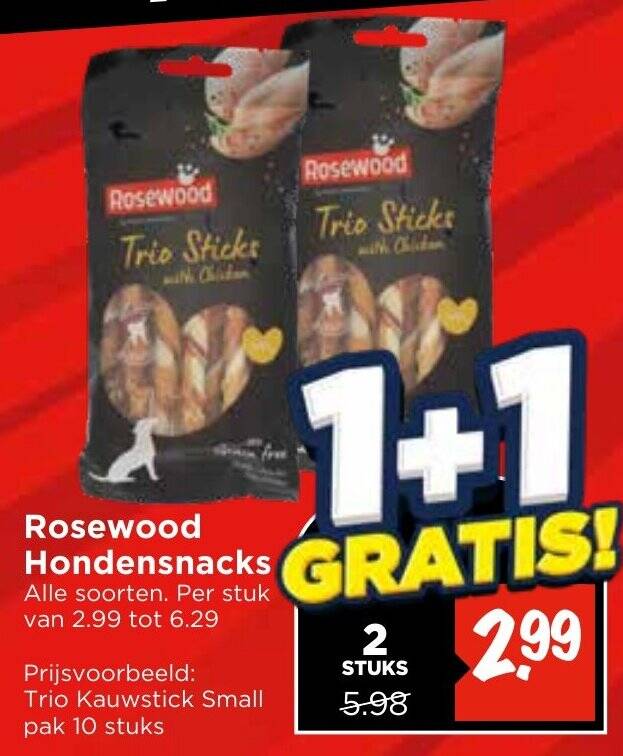 Rosewood Hondensnacks 1+1 gratis aanbieding bij Vomar Voordeelmarkt