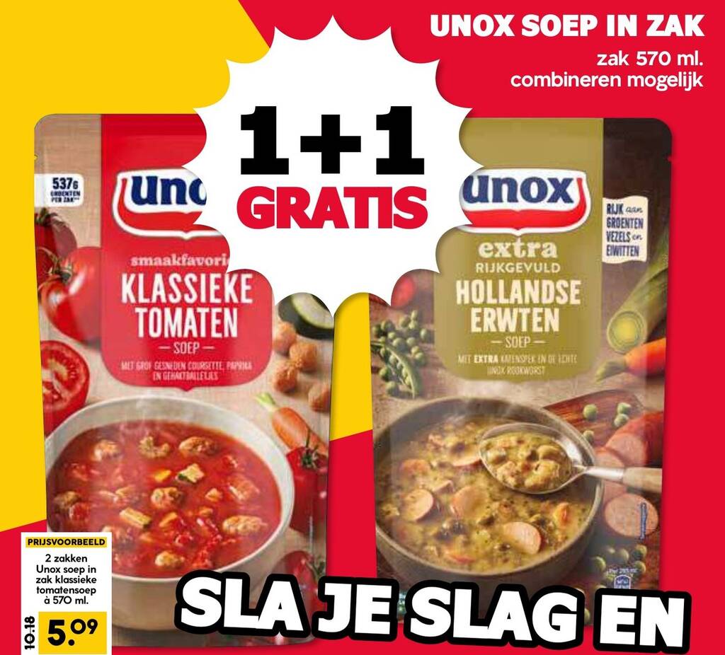 Unox Soep In Zak 570 ml 1+1 gratis aanbieding bij De Boerenschuur